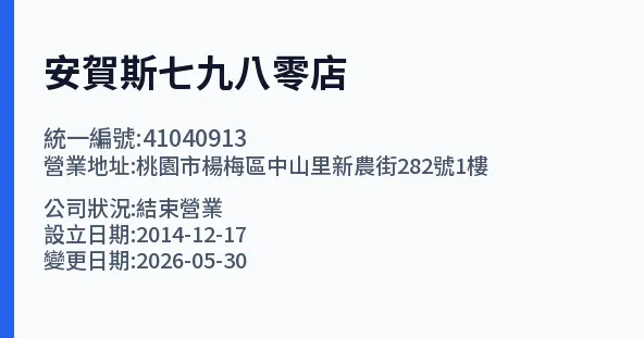 安賀斯七九八零店的照片-統編 41040913(桃園市) 公司登記資料與營業項目詳細圖表