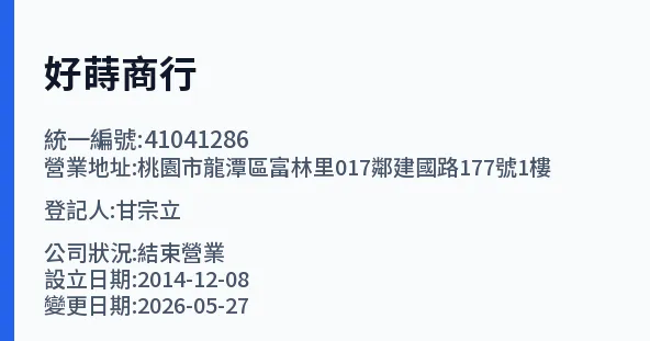 好蒔商行的照片-統編 41041286(桃園市) 公司登記資料與營業項目詳細圖表