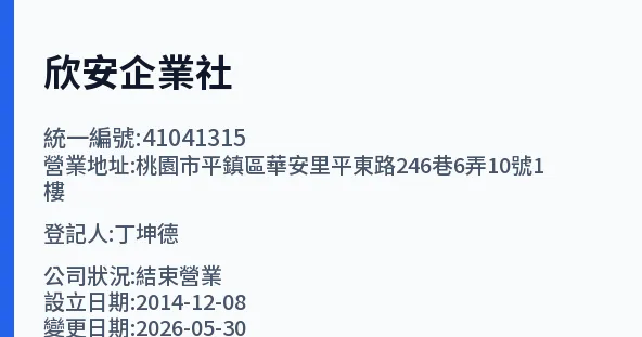 欣安企業社的照片-統編 41041315(桃園市) 公司登記資料與營業項目詳細圖表