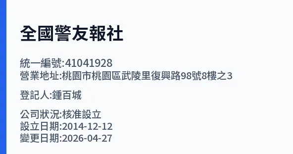 全國警友報社的照片-統編 41041928(桃園市) 公司登記資料與營業項目詳細圖表