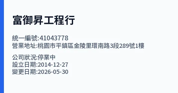 富御昇工程行的照片-統編 41043778(桃園市) 公司登記資料與營業項目詳細圖表
