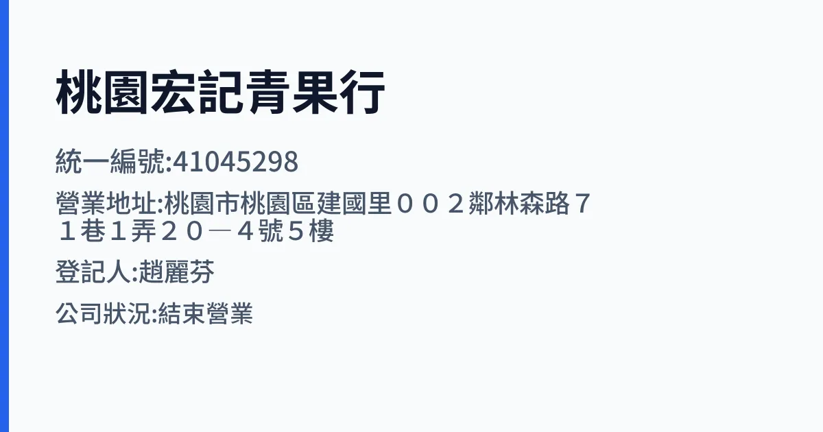 桃園宏記青果行 - 統編 41045298(桃園市) 公司登記資料與營業項目詳細圖表