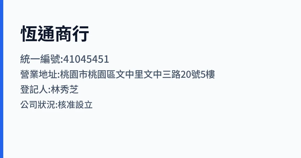恆通商行 - 統編 41045451(桃園市) 公司登記資料與營業項目詳細圖表