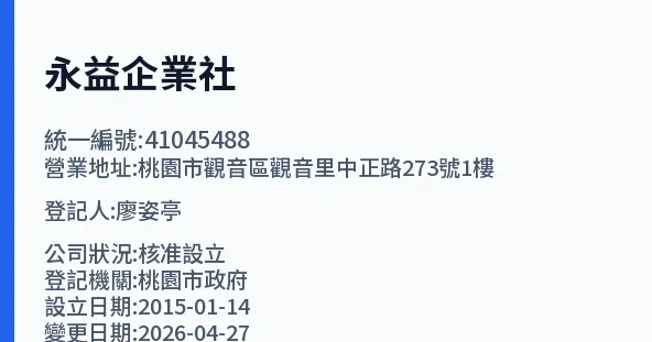 永益企業社的照片-統編 41045488(桃園市) 公司登記資料與營業項目詳細圖表