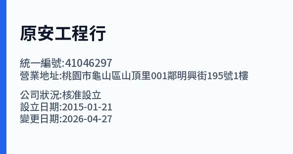 原安工程行的照片-統編 41046297(桃園市) 公司登記資料與營業項目詳細圖表