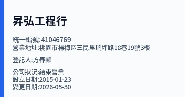 昇弘工程行的照片-統編 41046769(桃園市) 公司登記資料與營業項目詳細圖表