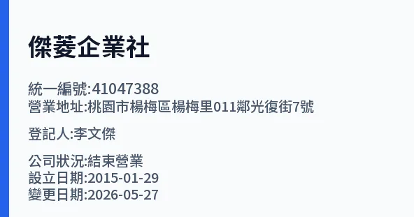 傑菱企業社的照片-統編 41047388(桃園市) 公司登記資料與營業項目詳細圖表