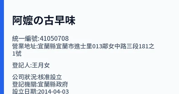 阿嬤の古早味的照片-統編 41050708(宜蘭縣) 公司登記資料與營業項目詳細圖表