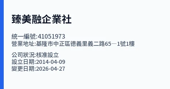 臻美融企業社的照片-統編 41051973(基隆市) 公司登記資料與營業項目詳細圖表