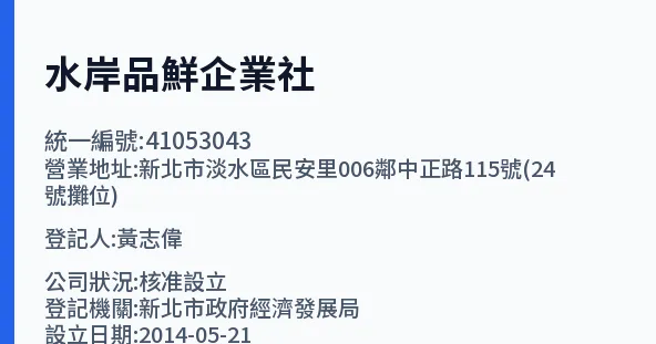 水岸品鮮企業社的照片-統編 41053043(新北市) 公司登記資料與營業項目詳細圖表