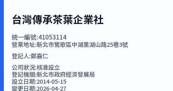 台灣傳承茶葉企業社的照片-統編 41053114(新北市) 公司登記資料與營業項目詳細圖表