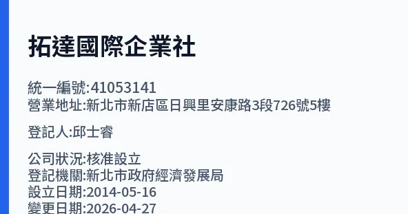 拓達國際企業社的照片-統編 41053141(新北市) 公司登記資料與營業項目詳細圖表