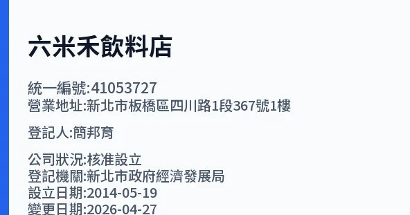 六米禾飲料店的照片-統編 41053727(新北市) 公司登記資料與營業項目詳細圖表