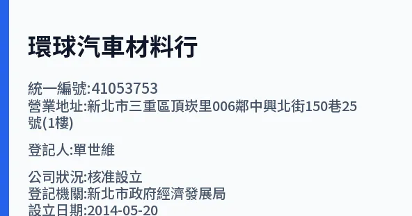 環球汽車材料行的照片-統編 41053753(新北市) 公司登記資料與營業項目詳細圖表