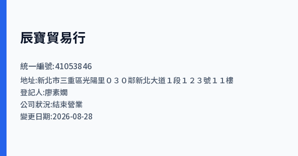 辰寶貿易行的照片-統編 41053846(新北市) 公司登記資料與營業項目詳細圖表