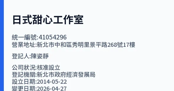 日式甜心工作室的照片-統編 41054296(新北市) 公司登記資料與營業項目詳細圖表