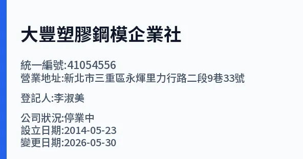 大豐塑膠鋼模企業社的照片-統編 41054556(新北市) 公司登記資料與營業項目詳細圖表