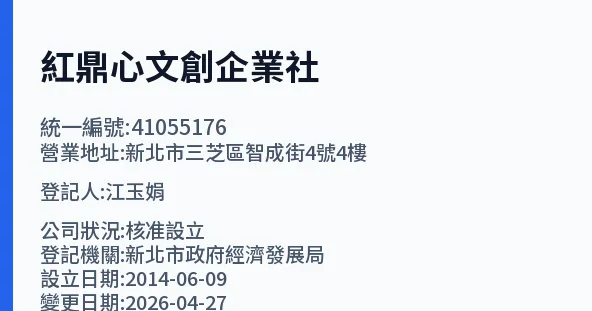 紅鼎心文創企業社的照片-統編 41055176(新北市) 公司登記資料與營業項目詳細圖表