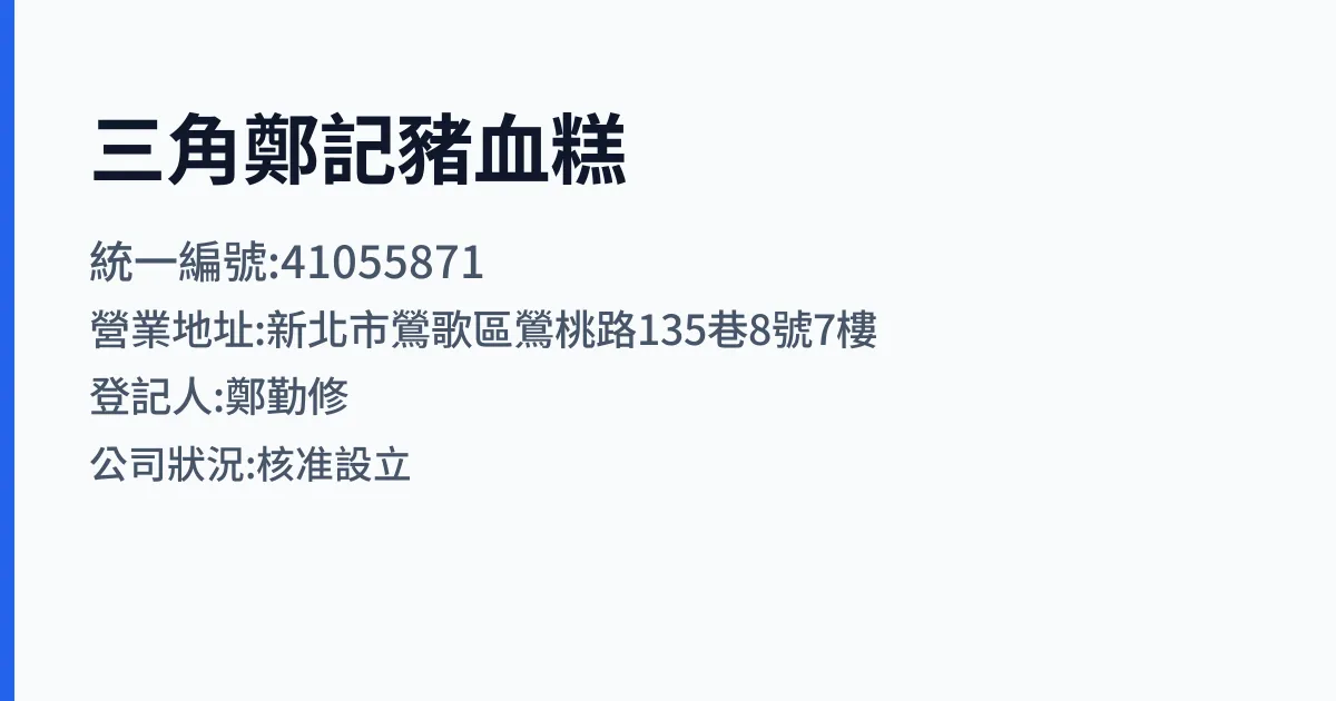 三角鄭記豬血糕 - 統編 41055871(新北市) 公司登記資料與營業項目詳細圖表
