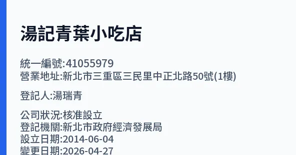 湯記青葉小吃店的照片-統編 41055979(新北市) 公司登記資料與營業項目詳細圖表