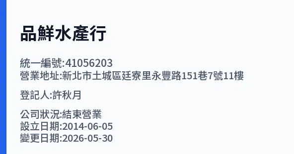 品鮮水產行的照片-統編 41056203(新北市) 公司登記資料與營業項目詳細圖表
