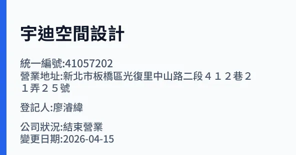 宇迪空間設計的照片-統編 41057202(新北市) 公司登記資料與營業項目詳細圖表