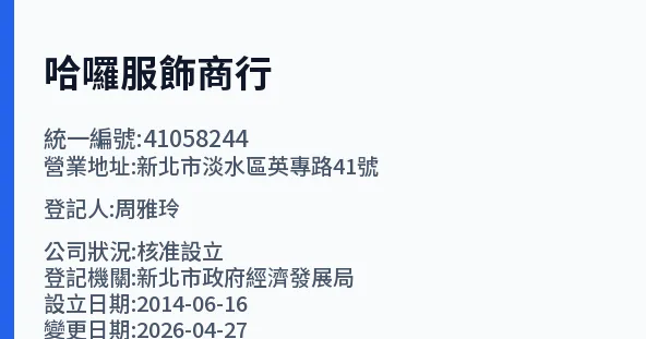 哈囉服飾商行的照片-統編 41058244(新北市) 公司登記資料與營業項目詳細圖表