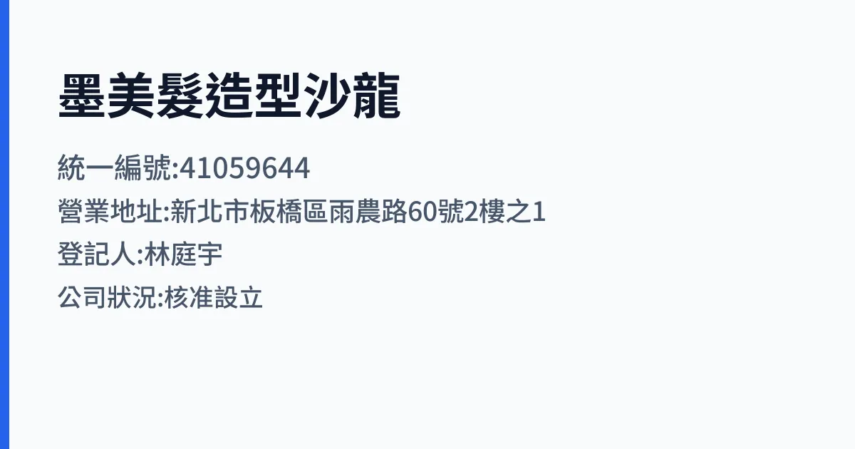 墨美髮造型沙龍 - 統編 41059644(新北市) 公司登記資料與營業項目詳細圖表