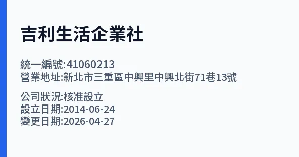 吉利生活企業社的照片-統編 41060213(新北市) 公司登記資料與營業項目詳細圖表