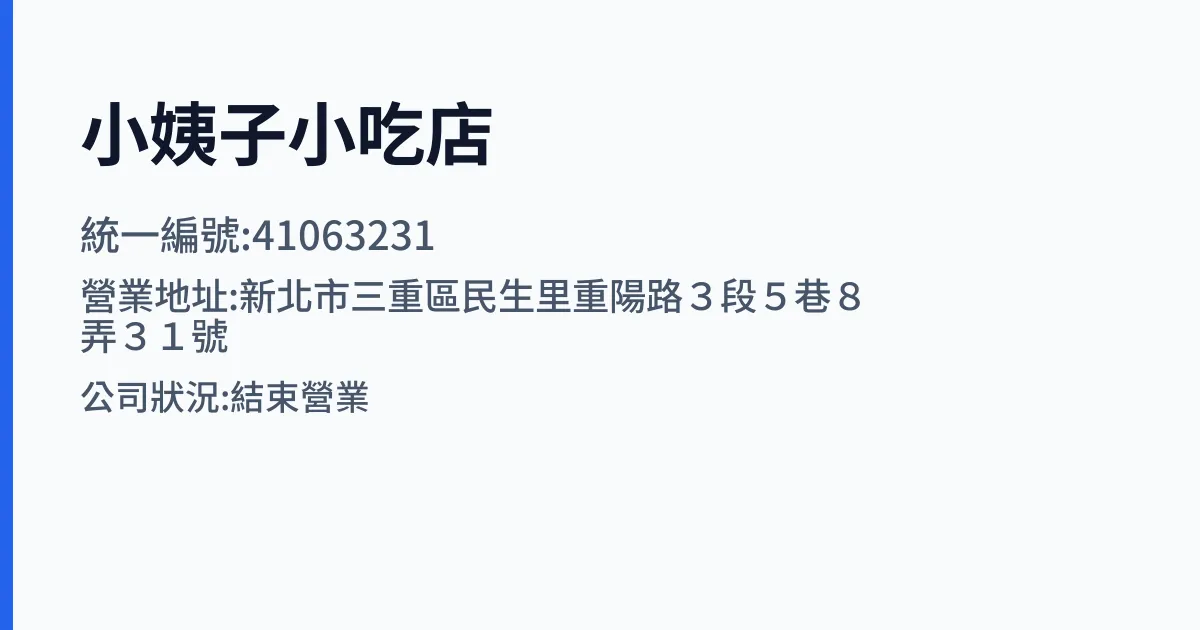 小姨子小吃店 - 統編 41063231(新北市) 公司登記資料與營業項目詳細圖表