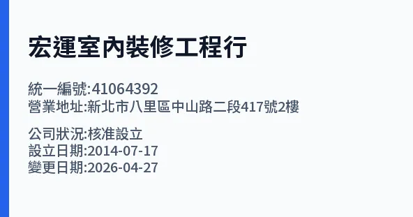 宏運室內裝修工程行的照片-統編 41064392(新北市) 公司登記資料與營業項目詳細圖表