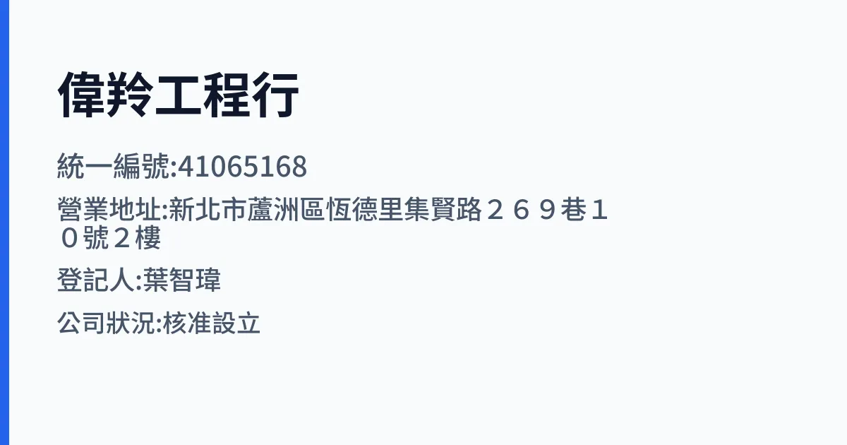 偉羚工程行 - 統編 41065168(新北市) 公司登記資料與營業項目詳細圖表