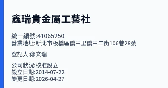 鑫瑞貴金屬工藝社的照片-統編 41065250(新北市) 公司登記資料與營業項目詳細圖表