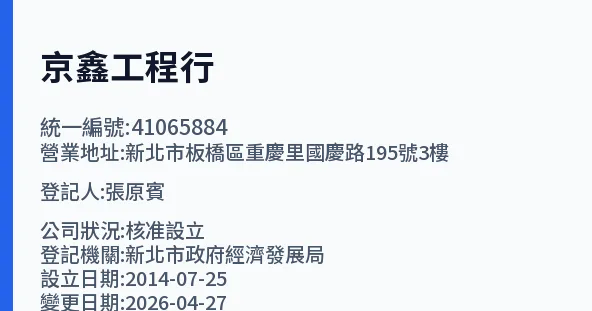 京鑫工程行的照片-統編 41065884(新北市) 公司登記資料與營業項目詳細圖表