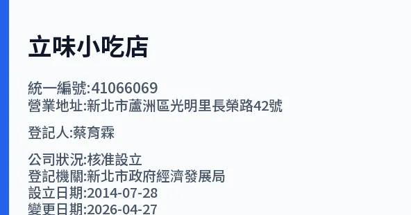 立味小吃店的照片-統編 41066069(新北市) 公司登記資料與營業項目詳細圖表