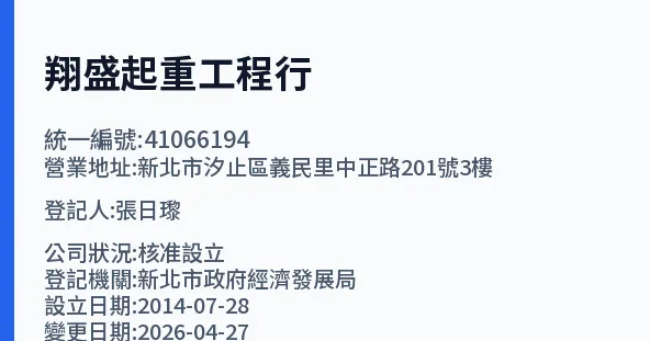 翔盛起重工程行的照片-統編 41066194(新北市) 公司登記資料與營業項目詳細圖表
