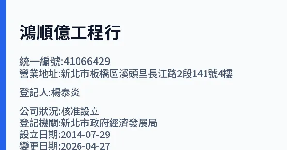 鴻順億工程行的照片-統編 41066429(新北市) 公司登記資料與營業項目詳細圖表
