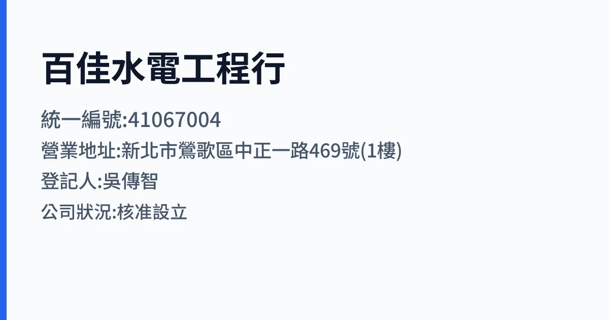 百佳水電工程行 - 統編 41067004(新北市) 公司登記資料與營業項目詳細圖表