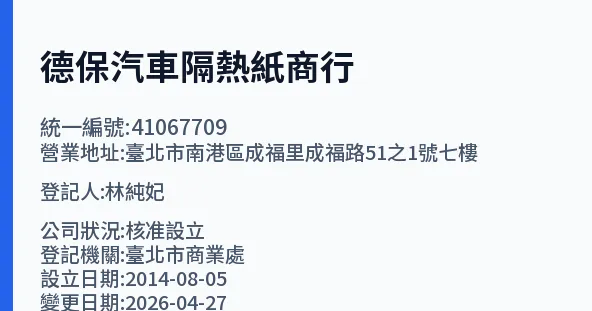 德保汽車隔熱紙商行的照片-統編 41067709(臺北市) 公司登記資料與營業項目詳細圖表