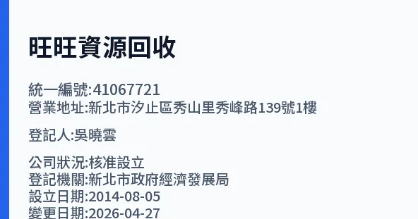 旺旺資源回收的照片-統編 41067721(新北市) 公司登記資料與營業項目詳細圖表
