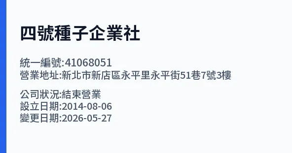 四號種子企業社的照片-統編 41068051(新北市) 公司登記資料與營業項目詳細圖表