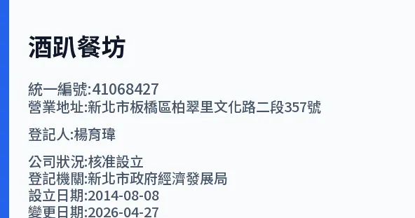 酒趴餐坊的照片-統編 41068427(新北市) 公司登記資料與營業項目詳細圖表