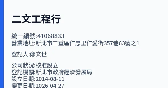 二文工程行的照片-統編 41068833(新北市) 公司登記資料與營業項目詳細圖表