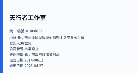 天行者工作室的照片-統編 41068881(新北市) 公司登記資料與營業項目詳細圖表