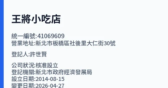 王將小吃店的照片-統編 41069609(新北市) 公司登記資料與營業項目詳細圖表