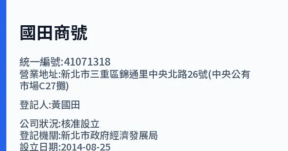國田商號的照片-統編 41071318(新北市) 公司登記資料與營業項目詳細圖表