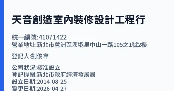 天音創造室內裝修設計工程行的照片-統編 41071422(新北市) 公司登記資料與營業項目詳細圖表