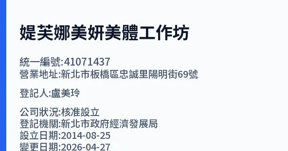 媞芙娜美妍美體工作坊的照片-統編 41071437(新北市) 公司登記資料與營業項目詳細圖表