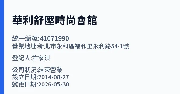 華利舒壓時尚會館的照片-統編 41071990(新北市) 公司登記資料與營業項目詳細圖表