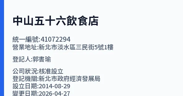 中山五十六飲食店的照片-統編 41072294(新北市) 公司登記資料與營業項目詳細圖表